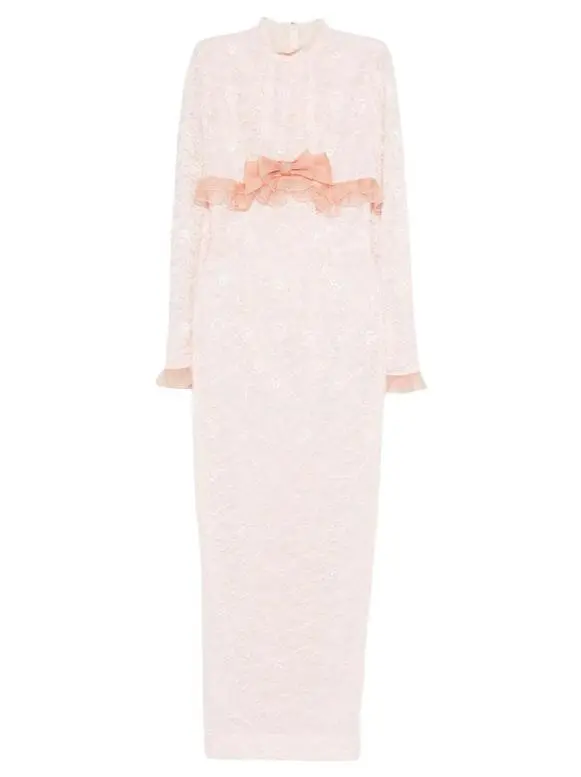 Alessandra Rich Long Sleeve Lace Dress With Bow And Ruffles - Pink