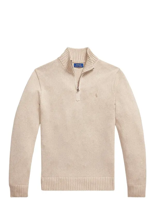 Polo Ralph Lauren Ribbed Quarter Zip Sweater With Embroidered Logo - Nude