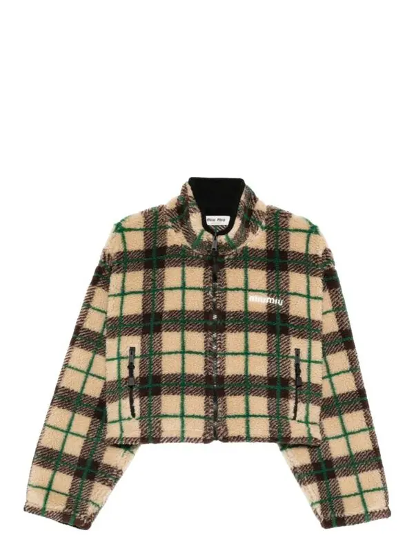 Miu Miu Checked Cropped Fleece Jacket - Nude