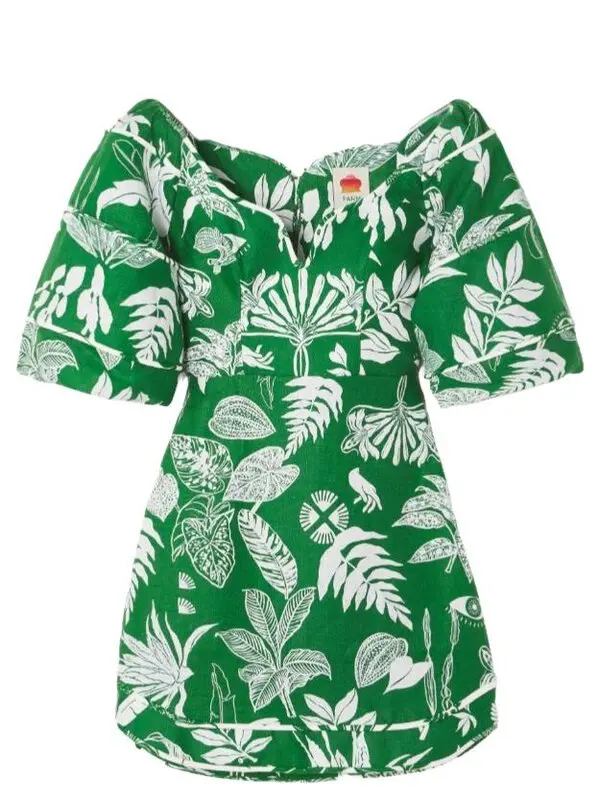 Farm Rio Short Sleeve Graphic Print Mini Dress - Green