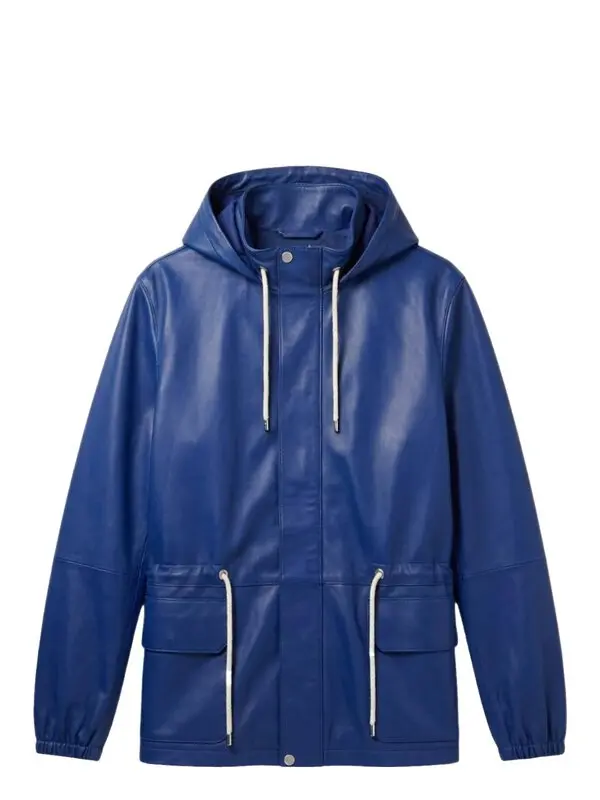 Loewe Long-sleeved Leather Jacket With Hood - Navy Blue