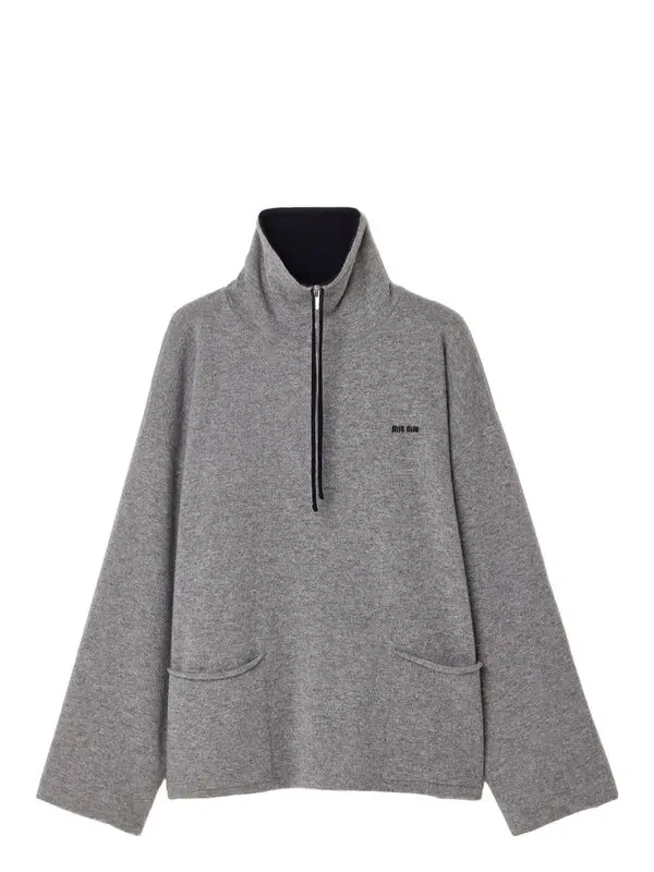 Miu Miu Cashmere Half-zipper Sweater With Drawstring Neckline - Grey  Blue
