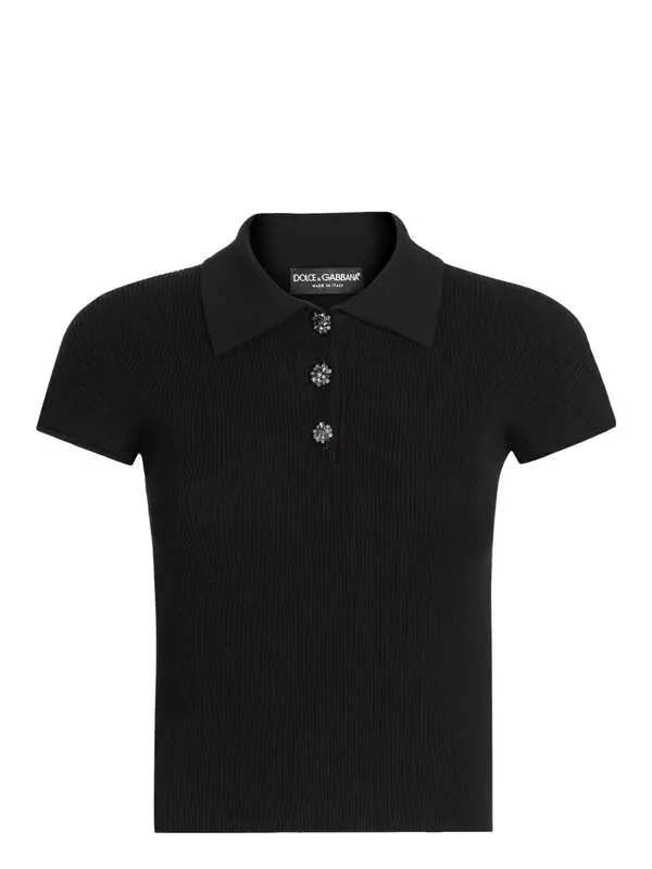 Dolce & Gabbana Ribbed Cropped Polo Knit Top - Black