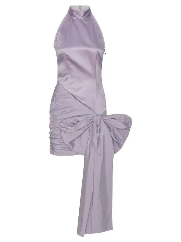 ROTATE BY BIRGER CHRISTENSEN Halterneck Bow Detail Asymmetrical Ruched Mini Dress - Purple