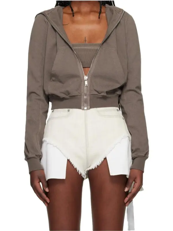Rick Owens Long Sleeve Cropped Zipper Hooded Sweatshirt - Dust