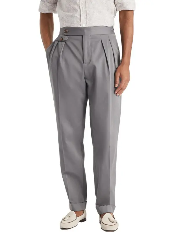 Brunello Cucinelli Gabardine Tailored Trousers With Double Pleats And Cuffed Hem - Grey