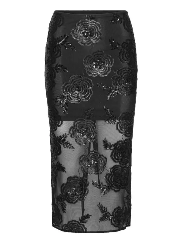 ROTATE BY BIRGER CHRISTENSEN Floral Sequin Mesh Midi Skirt - Black