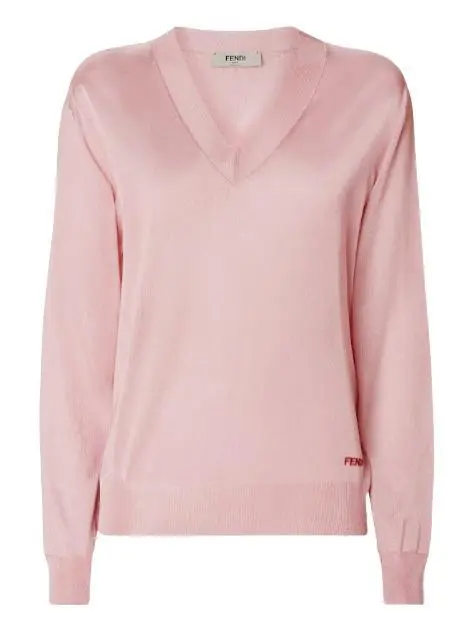 Fendi Logo Embroidered V-neck Jumper - Pink
