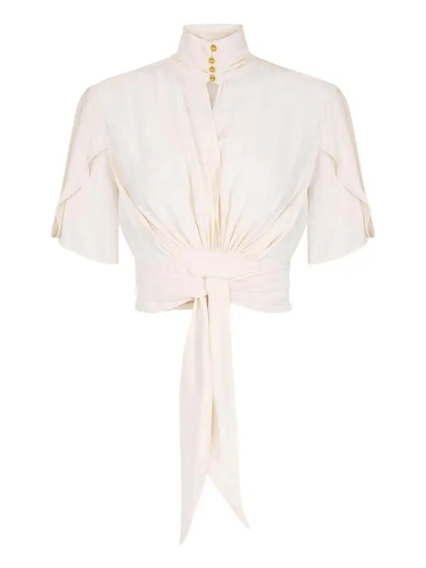Elisabetta Franchi High Neck Blouse With Tie Waist - White