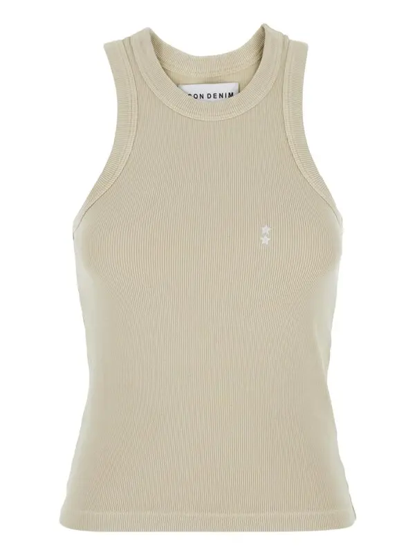 ICON DENIM LOS ANGELES Luna Ribbed Tank Top With Embroidered Star Detail - Beige