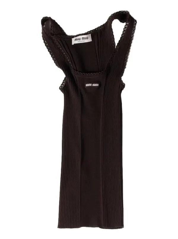 Miu Miu Striped Ribbed Knit Vest With Crochet Trim - Dark Brown