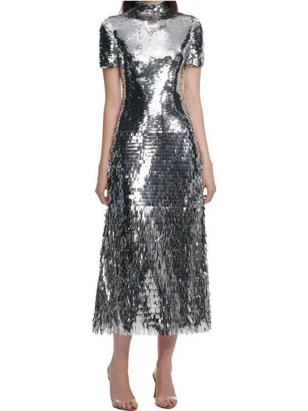 SELF-PORTRAIT Sequin Embellished High Neck Midi Dress - Silver