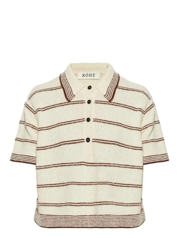 RÓHE Ribbed Striped Collared Cardigan With Short Sleeves - Nude