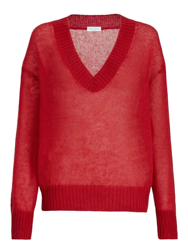 Brunello Cucinelli Sheer V-neck Knitted Sweater - Red