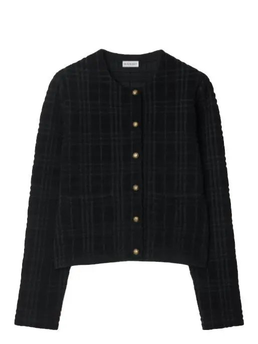 Burberry Checked Wool Blend Jacket With Crest Detail - Black