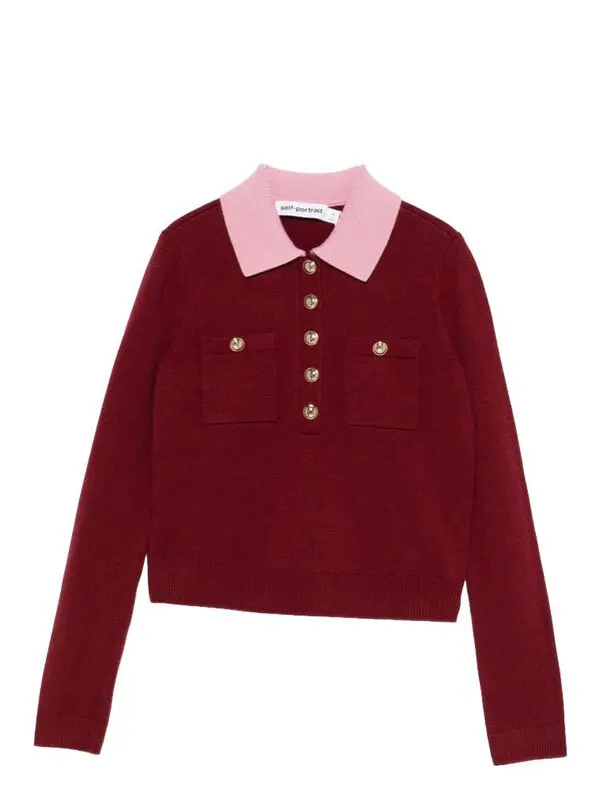 SELF-PORTRAIT Contrast Collar Polo Top - Burgu