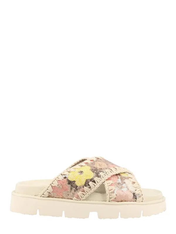 Mou Criss Cross Slide Sandals With Floral Sequins - Nude