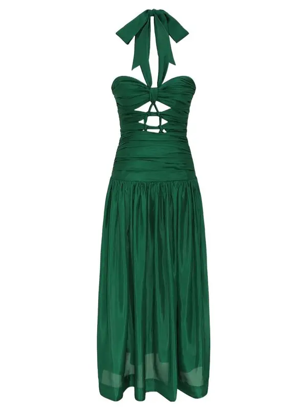 Zimmermann Halterneck Ruched Midi Dress With Cut-out Detail - Emerald