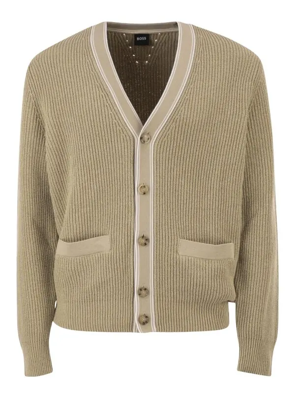 Hugo Boss Contrast Trim Ribbed Cardigan - Nude