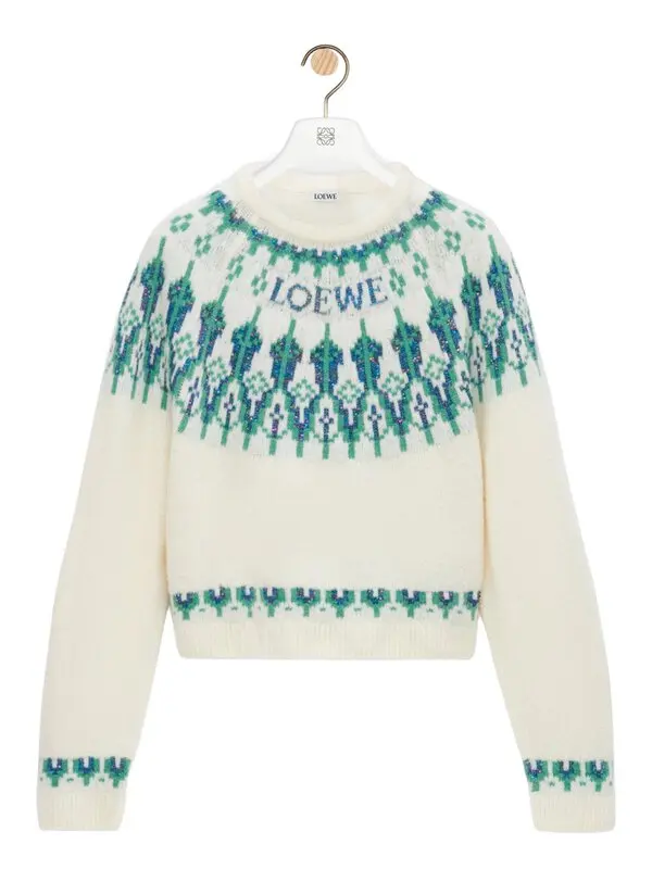 Loewe Fair Isle Pattern Crewneck Jumper - White/mint Green
