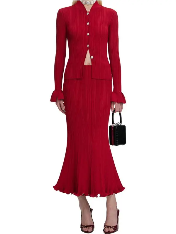 SELF-PORTRAIT Knitted Ruffle Midi Skirt - Red