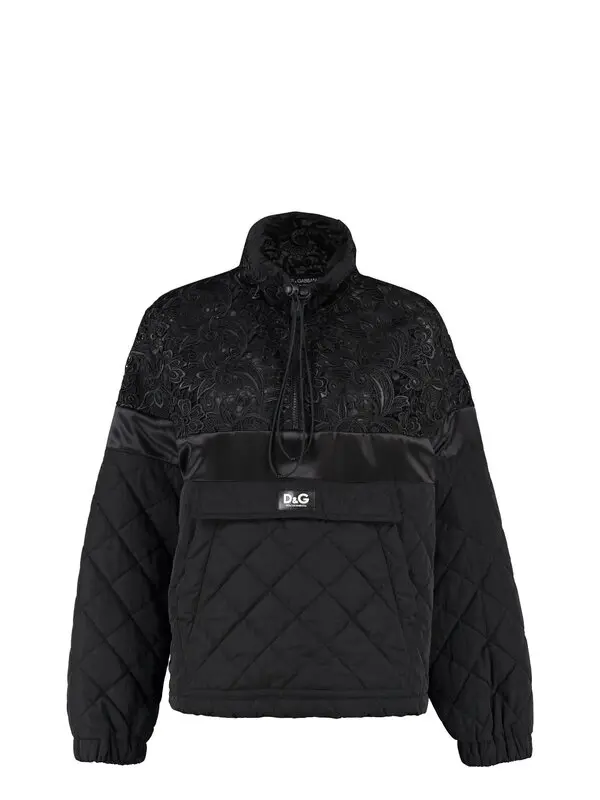 Dolce & Gabbana Panelled Lace And Quilted High Neck Half-zip Jumper - Black