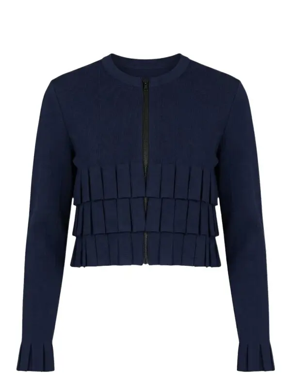 Alaïa Crew Neck Cardigan With Pleated Detailing And Zipper Closure - Black