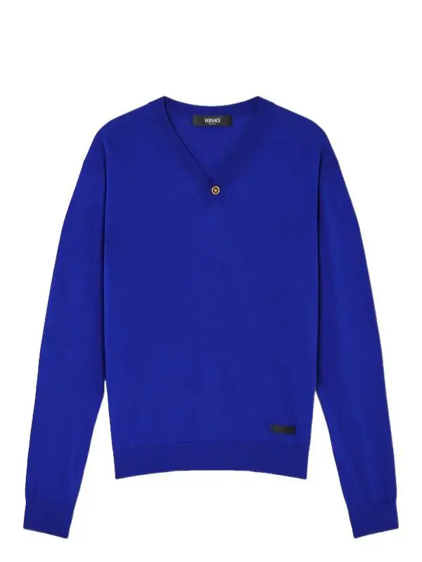 Versace V-neck Knitted Jumper With Button Detail - Blue
