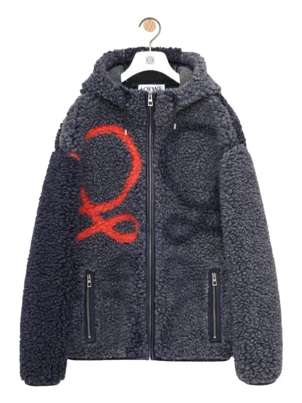 Loewe Anagram Fleece Zip-up Hooded Jacket - Navy Blue/orange