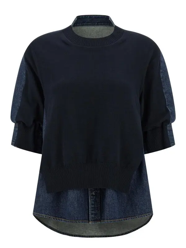 Sacai Crew Neck Pullover With Contrasting Stitching And Puff Sleeves - Blue