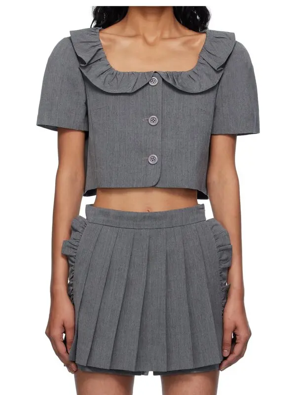 PUSHBUTTON Ruffled Collar Cropped Top - Grey