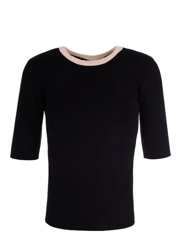 Elisabetta Franchi Knit Crew Neck Top With 3/4 Sleeves And Contrast Trim - Black/butter