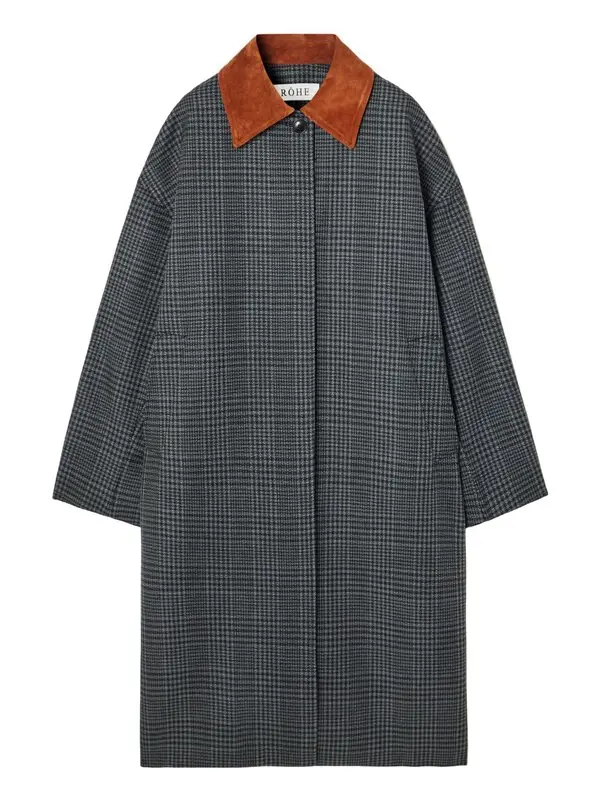 RÓHE Checked Wool Coat With Suede Collar - Gray