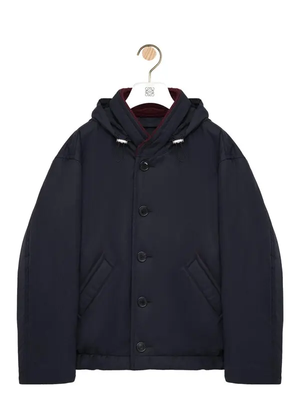 Loewe Padded Hooded Jacket With Leather Drawstring Hem - Navy Blue