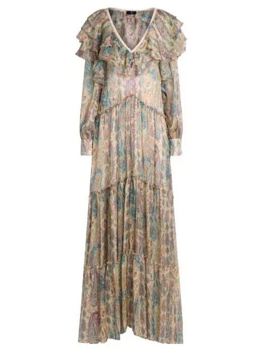 Etro V-neck Maxi Dress With Paisley Motif And Ruffled Flounces - Nude