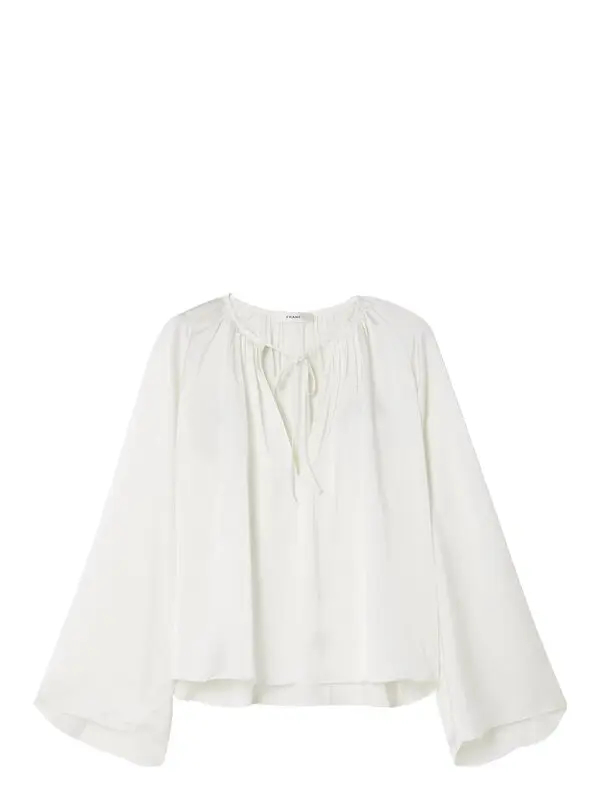 FRAME Pleated Blouse With Keyhole Neckline - White