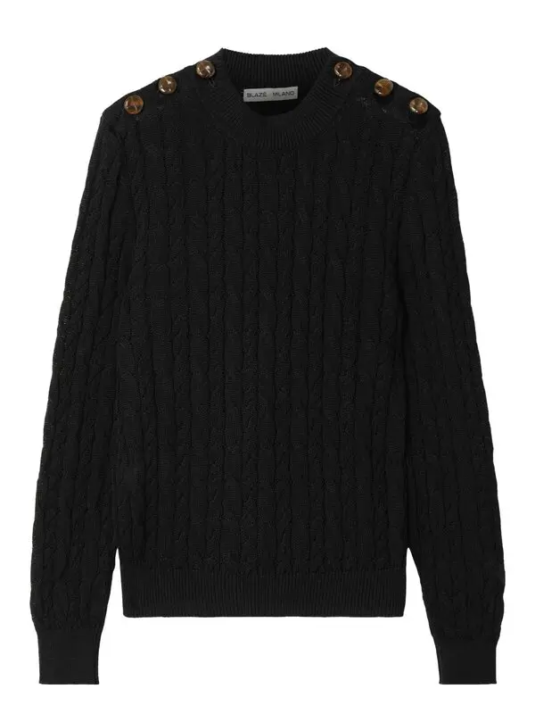 BLAZÉ MILANO Cable Knit Sweater With Shoulder Buttons - Black