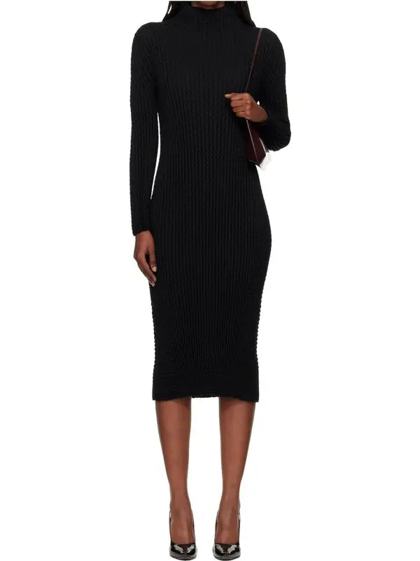 Issey Miyake Textured Knit Long Sleeve Midi Dress - Black