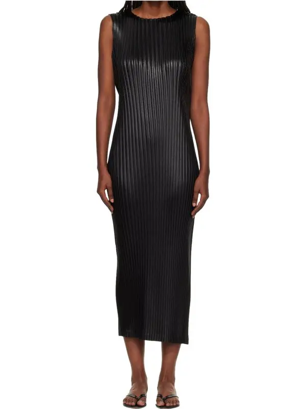 Issey Miyake Sleeveless Metallic Pleated Midi Dress - Black
