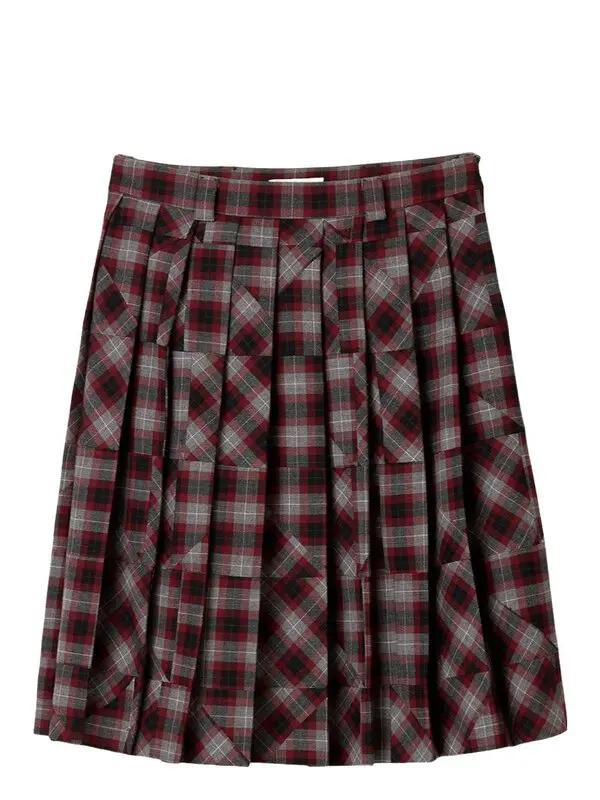 Miu Miu Tartan Patchwork Pleated Wool Midi Skirt - Amaranth Red/gray