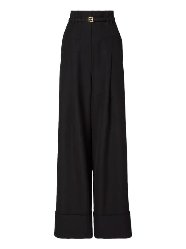 Fendi Ff Buckle Belted Wide-leg Wool Trousers - Black