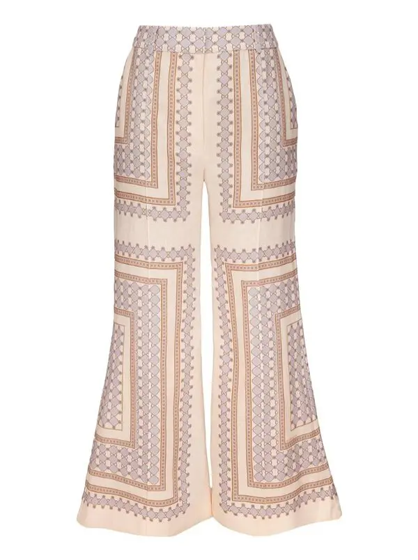 Zimmermann Printed Linen Cropped Wide-leg Trousers - Cream Navy Geo