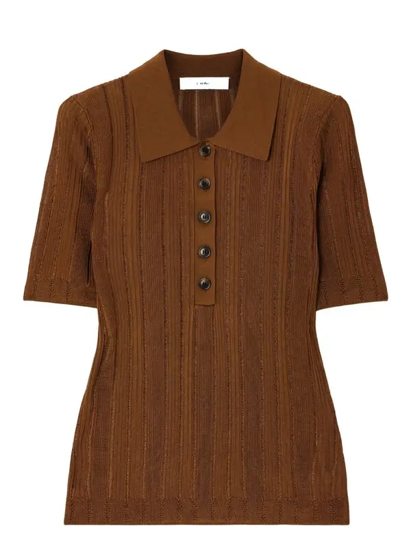 FRAME Ribbed Knit Polo Shirt - Brown