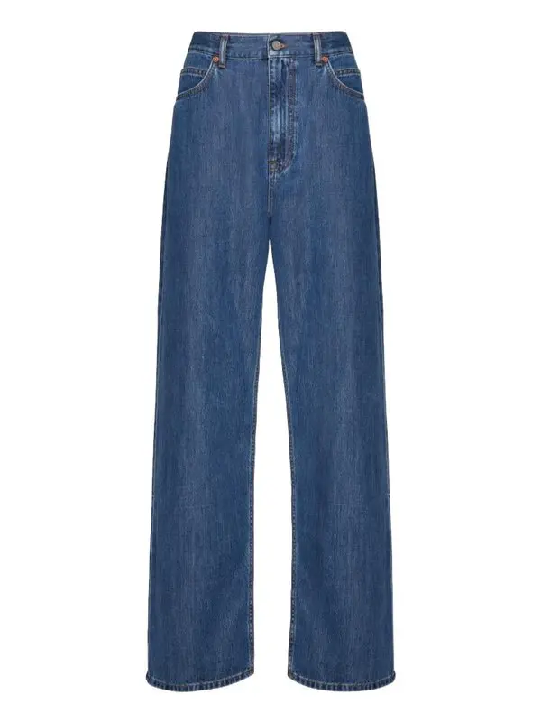 Valentino Garavani Straight Leg Jeans With Logo Patch - Dark Denim