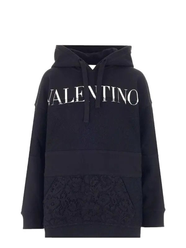 Valentino Garavani Logo Print Lace Insert Hoodie - Black