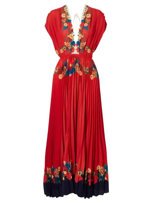 La DoubleJ Floral Print Pleated V-neck Dress - Red