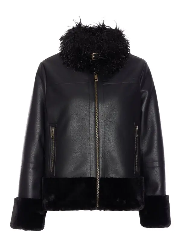 TWINSET Faux Leather Coat With Faux Fur Trim - Black