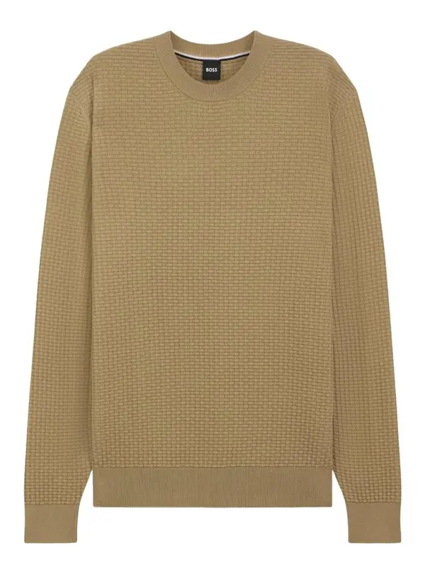 Hugo Boss Textured Crew-neck Sweater With Ribbed Cuffs - Beige