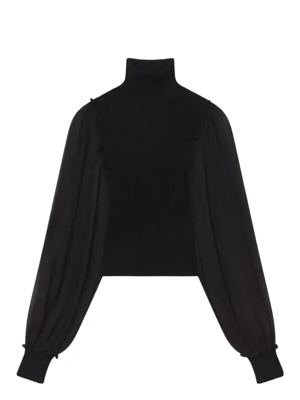 FRAME Ribbed Knit High-neck Blouse With Sheer Sleeves - Black