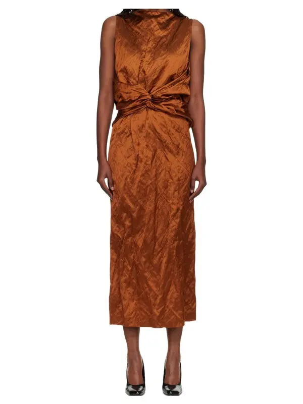 LANVIN Pleated Blend Satin Long Dress - Brown